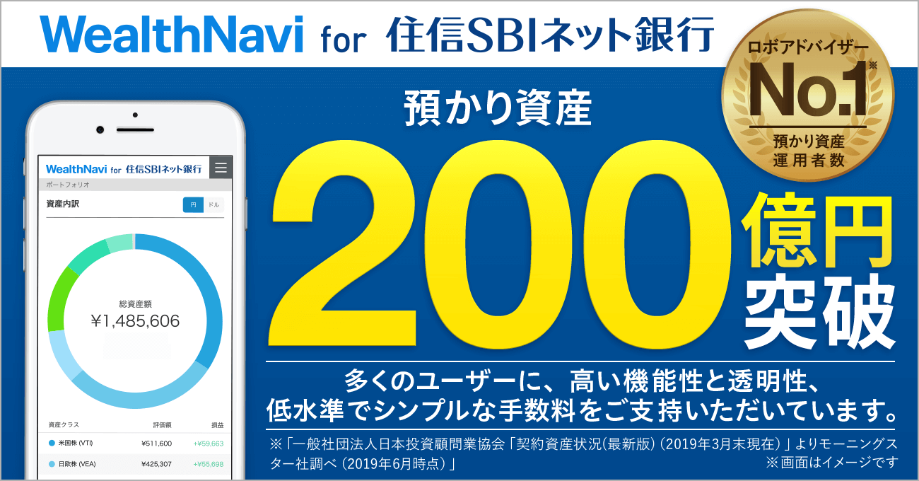 「WealthNavi for 住信SBIネット銀行」、預かり資産200億円を突破 - 投信まるごとニュース